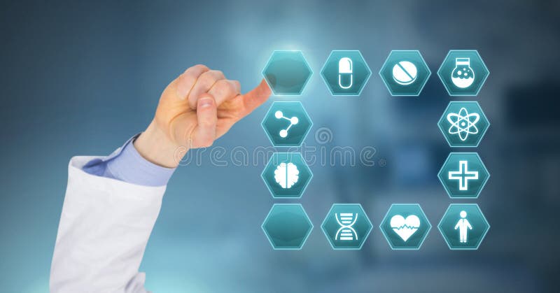 Doctor Hand Interacting with Medication Pill Icon in Hexagon Interface ...