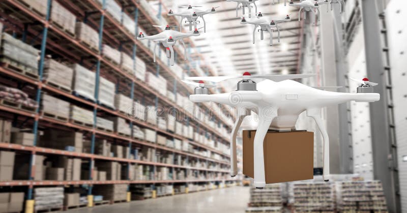 Drones Flying in Warehouse with Delivery Parcel Box Stock Illustration ...
