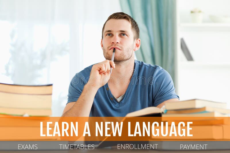 Education and Learn a New Language Text and Man Thinking at a Library ...
