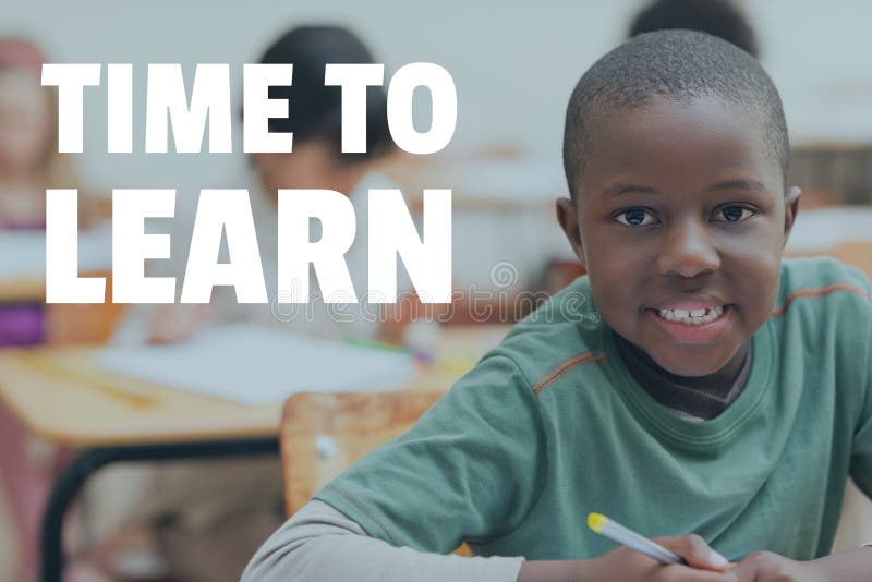 Education and Time To Learn Text and Happy Boy Sitting at a Class Stock ...
