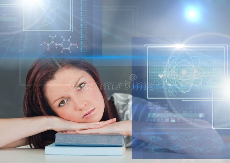 Female Student Studying with Book and Science Education Interface ...
