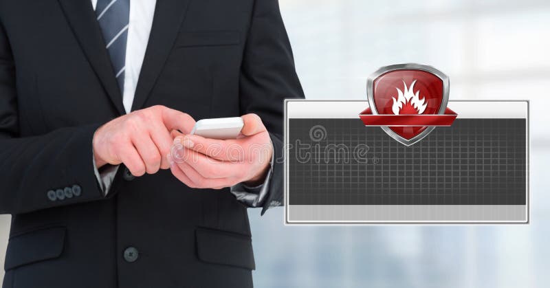 Firewall Shield Icon Box and Man Using Phone Stock Photo - Image of ...