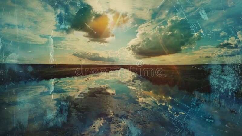 Digital Composite of Futuristic Landscape with River at Sunset Stock ...
