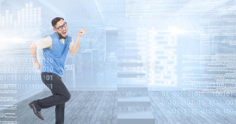 Geek Man Dancing with Digital Technology Interface Stock Image - Image ...