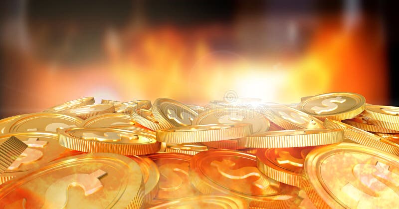 Gold Coins and Burning Fire Stock Illustration - Illustration of flame ...