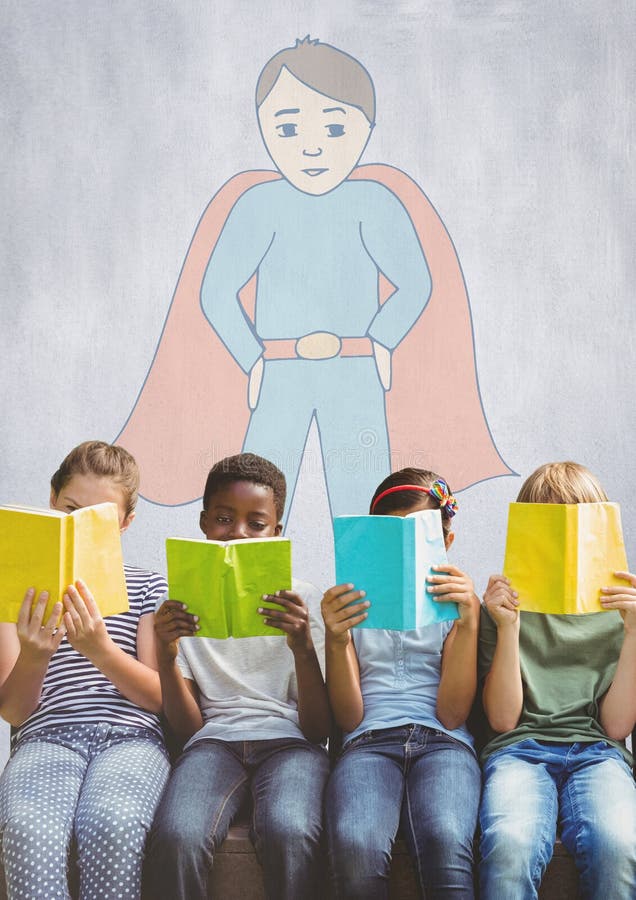 Group of Children Reading Books in Front of Superhero Drawing Stock ...
