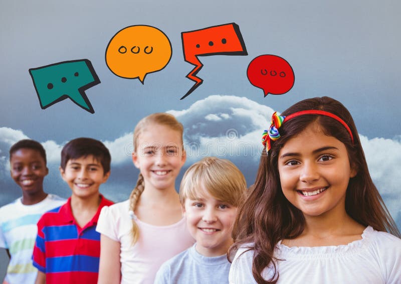 Group of Kids with Cloudy Sky and Chat Bubbles Stock Photo - Image of ...