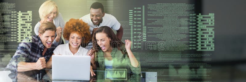 Group of People Working on Laptop with Screen Text Interface Stock ...