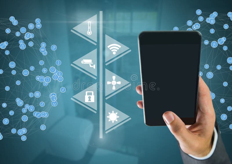 Hand Holding Phone with Smart Home Interface and Connectors Stock Photo ...