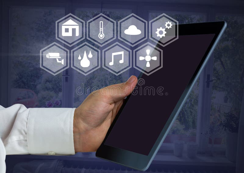 Hand Holding Phone with Smart Home Interface at Home Stock Image ...
