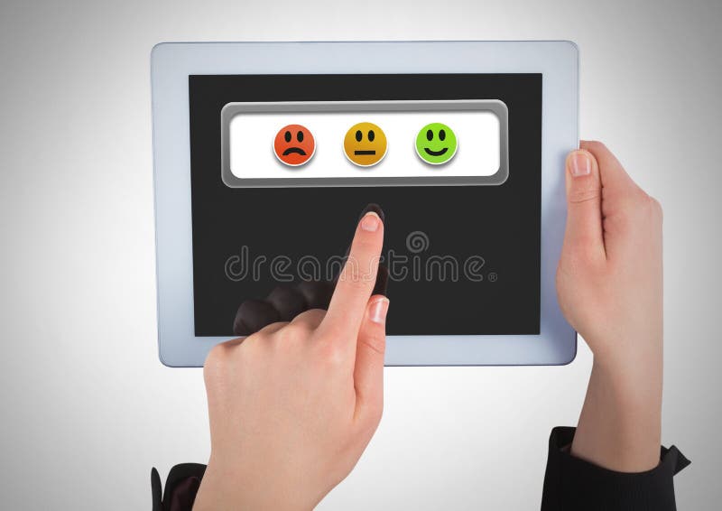 Hand Holding Tablet with Smiley Face Feedback Satisfaction Buttons ...
