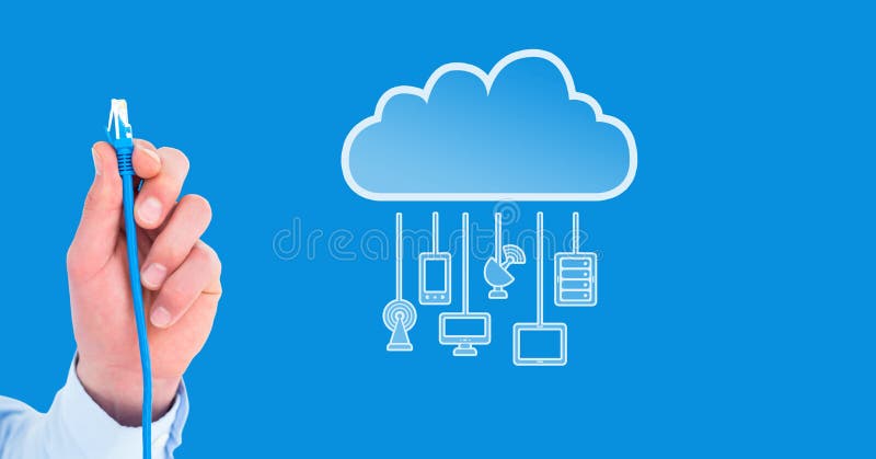 Hand Holding Wire Connection with Cloud Devices Stock Image - Image of ...