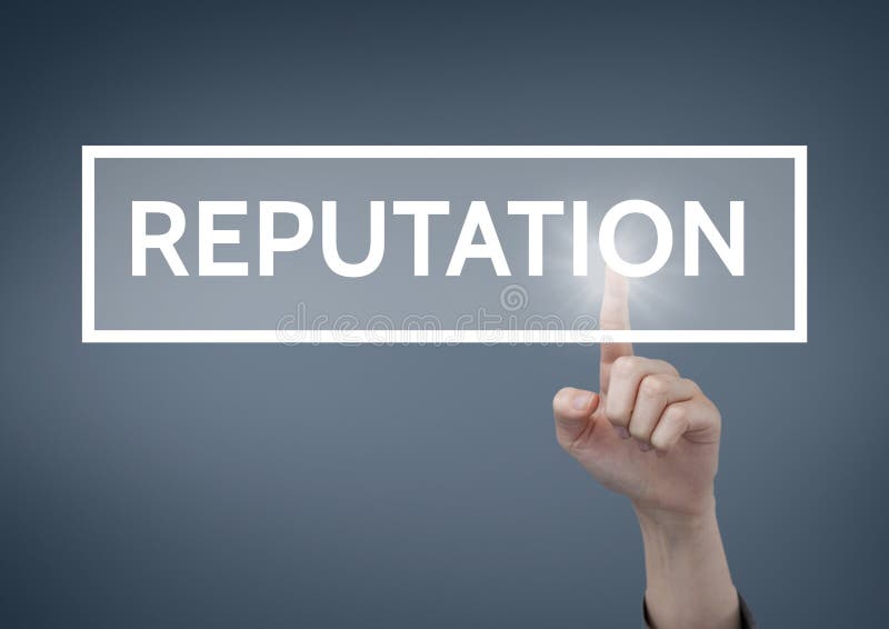 Hand Interacting with Reputation Business Text Against Blue Background ...