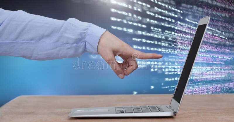 Hand Pointing at Laptop with Coding Text Stock Image - Image of ...