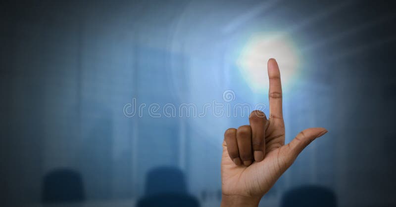 Hand Touching Light in Dark Office Stock Photo - Image of advertisement ...