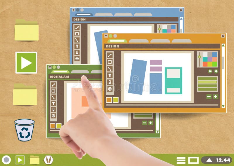 Hand Touching Many Design Editor Windows on Paper Cut Out Desktop Stock ...