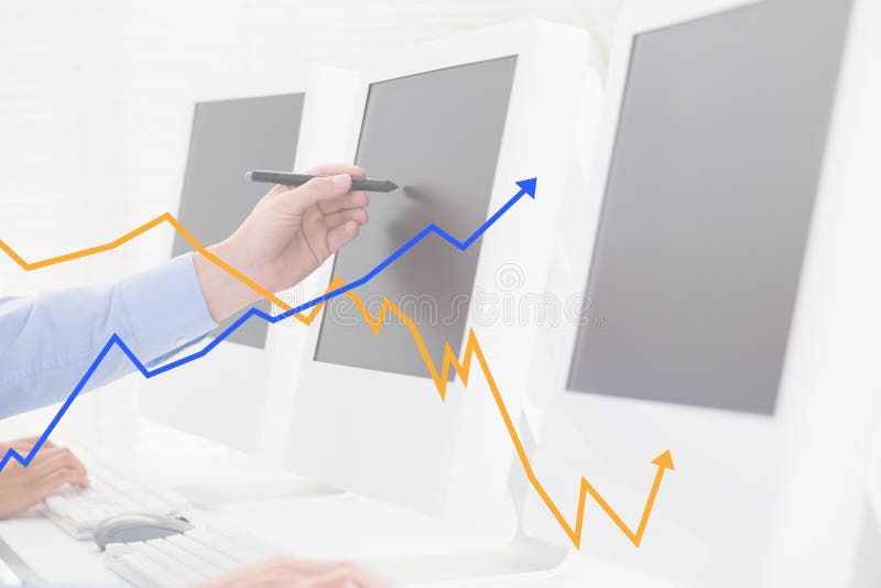 Hand Using Computer with Graph Overlays Stock Illustration ...