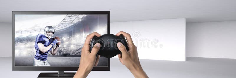 Hands Holding Gaming Controller with American Football Player on ...