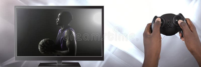 Hands Holding Gaming Controller with Basketball on Television Stock ...