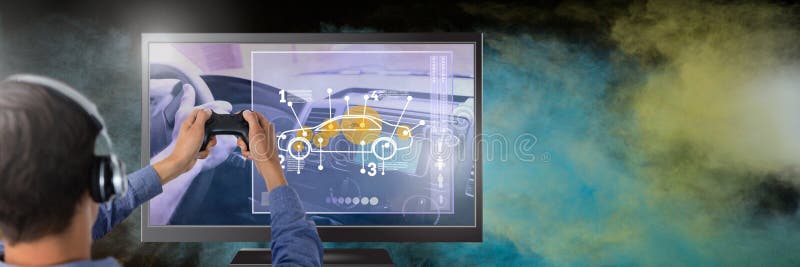 Hands Holding Gaming Controller with Car Game on Television Stock Photo ...