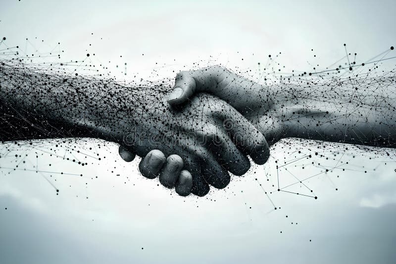 Digital Composite of Handshake Against Low Angle View of Man and Woman ...