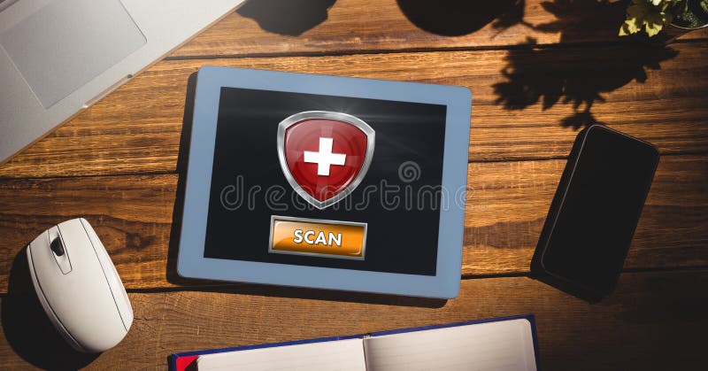 Health and Security Protection Shield on Laptop with Scan Button Stock ...