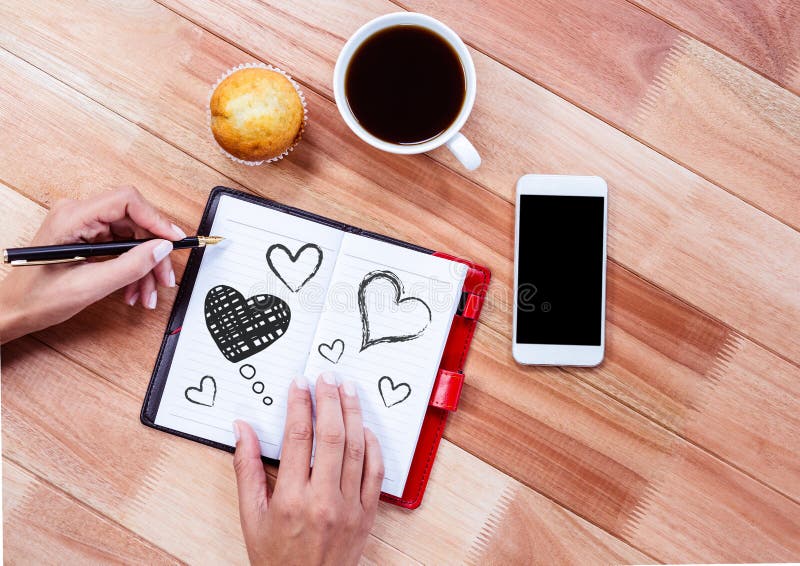 Heart Drawings in Notepad with Coffee and Phone Stock Illustration ...
