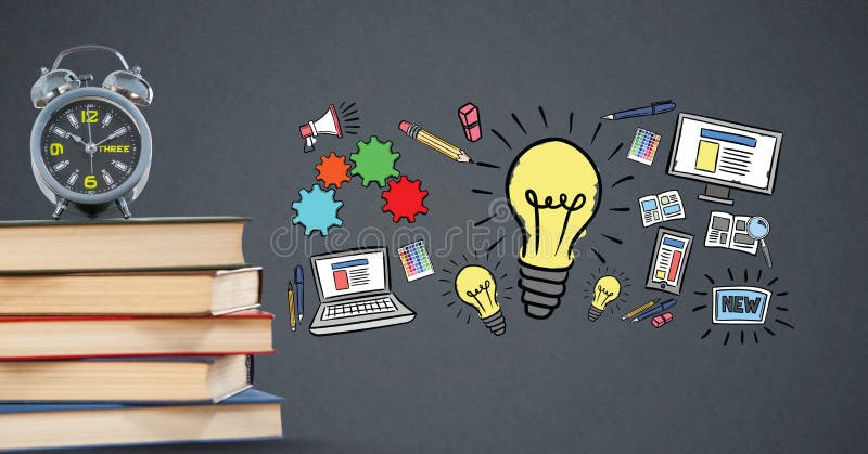 Digital Composite Image of Books with Clocks and Idea Signs Stock ...