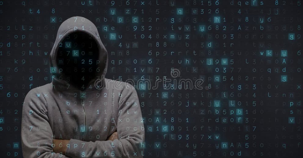 Digital Composite Image of Hacker Standing Arms Crossed Against Screen ...