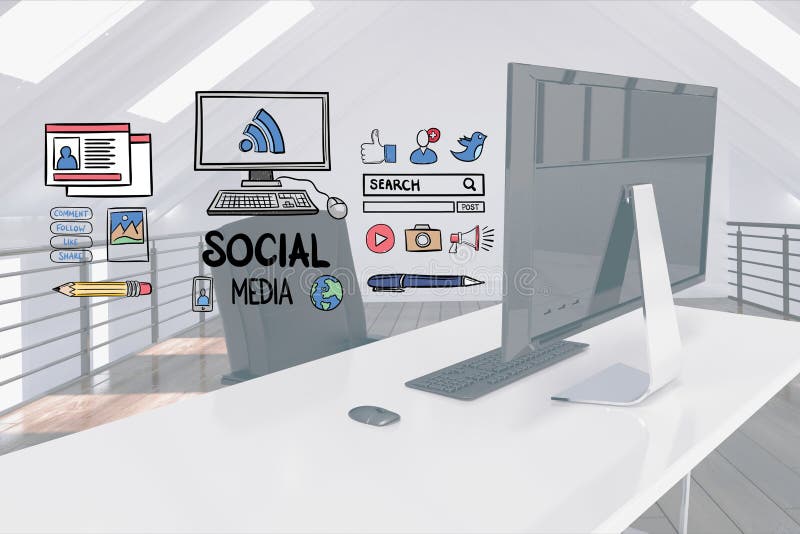 Digital Composite Image of Social Media Signs Over Computer Desk Stock ...