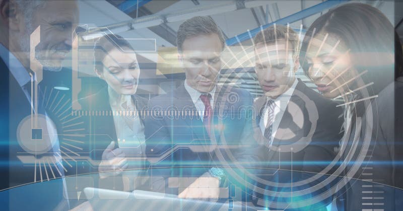 Digital Composite Image of Tech Graphics with Business People in Office ...