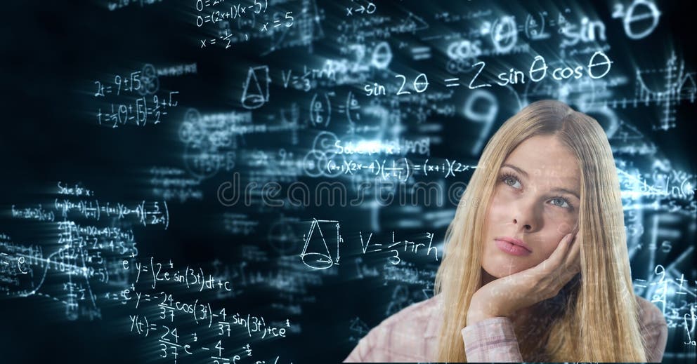 Digital Composite Image of Thoughtful Woman with Various Equations ...