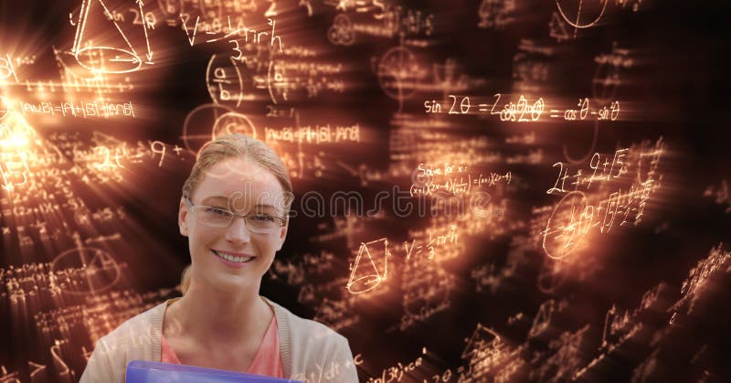 Digital Composite Image of Woman Looking at Glowing Math Equations ...