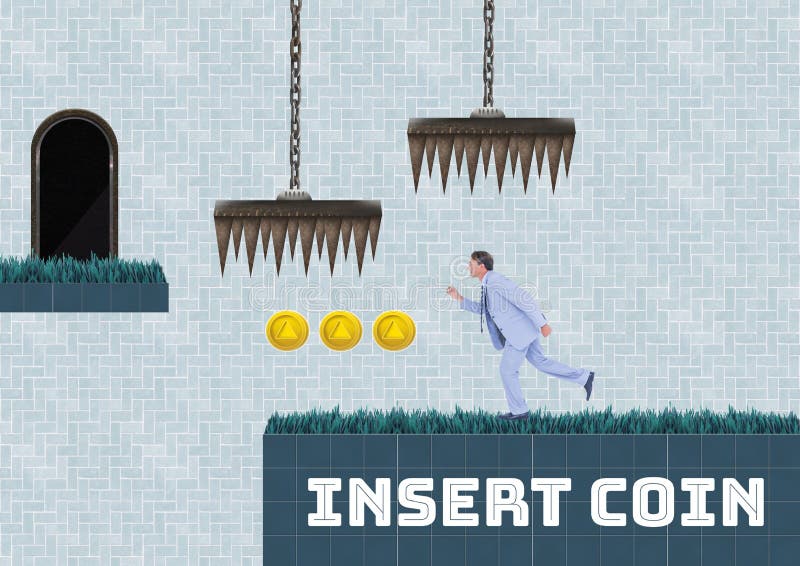 Insert Coin Text and Businessman in Computer Game Level with Coins and ...
