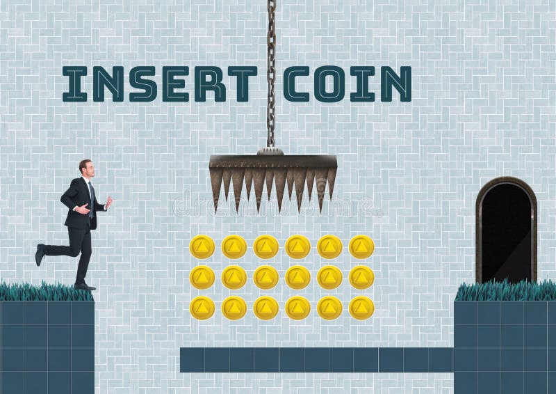 Insert Coin Text and Businessman in Computer Game Level with Coins and ...