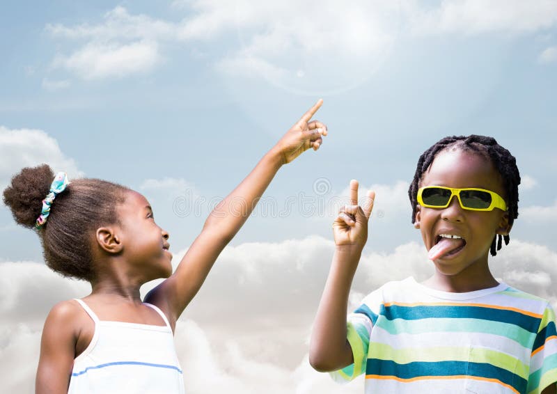Kids Pointing at Sky and Playing Stock Image - Image of copy, amusing ...