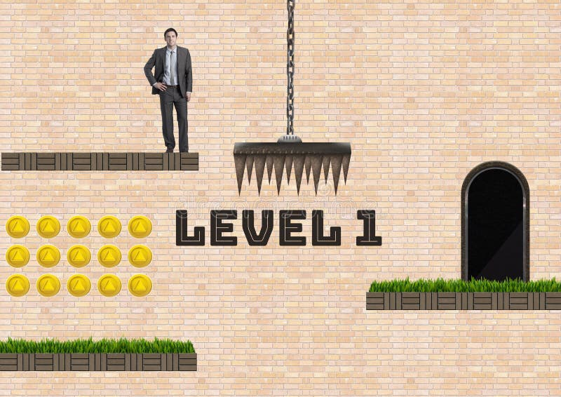 Level 1 Text and Man in Computer Game Level with Coins and Trap Stock ...