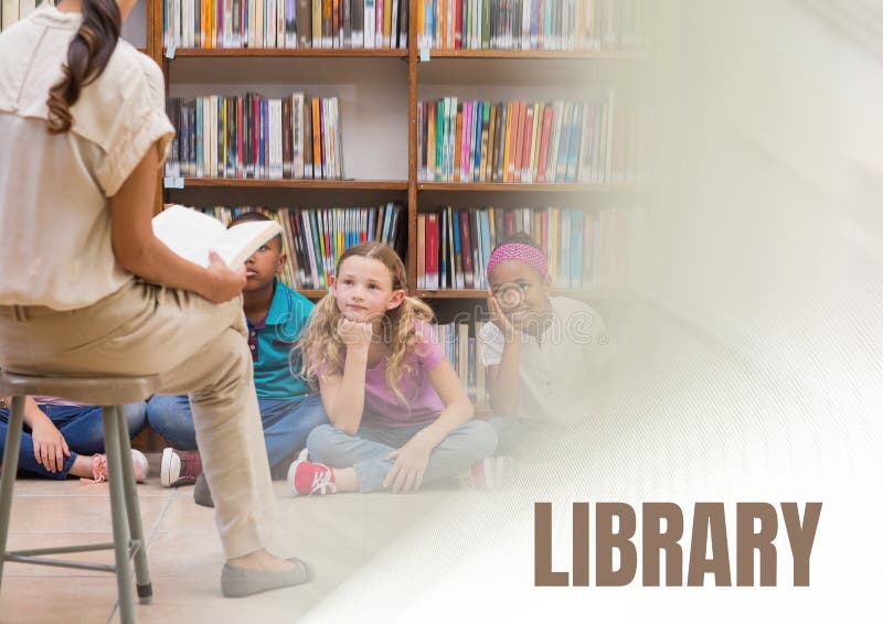 Library Text and Elementary School Teacher with Class Stock Image ...