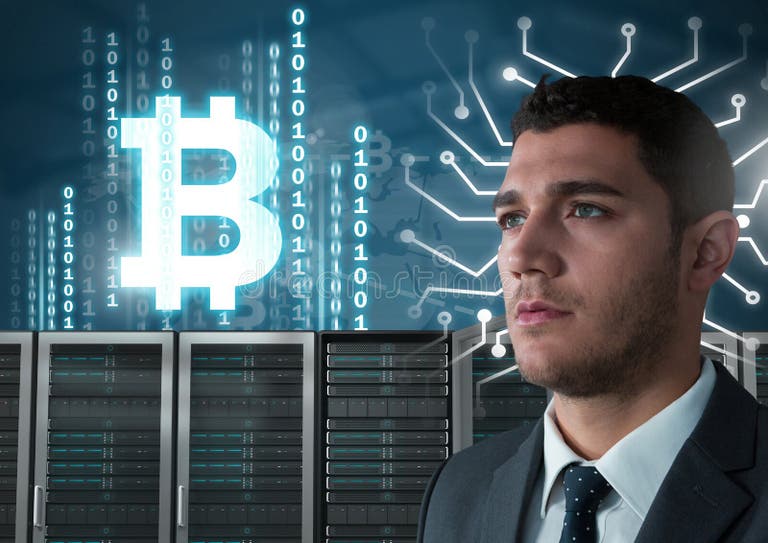 Man with Computer Servers and Bitcoin Technology Information Interface ...