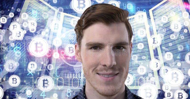 Man with Computer Servers and Bitcoin Technology Information Interface ...