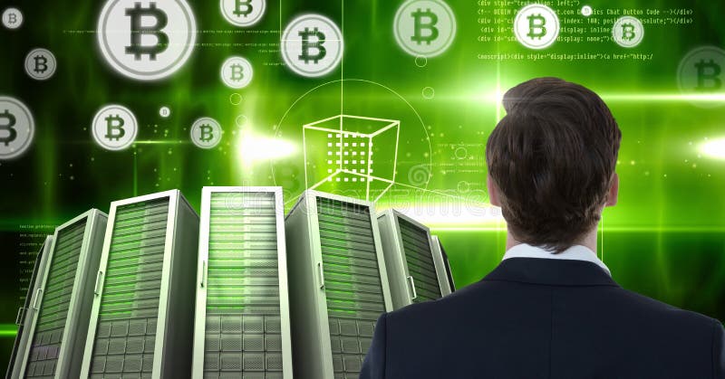 Man with Computer Servers and Bitcoin Technology Information Interface ...