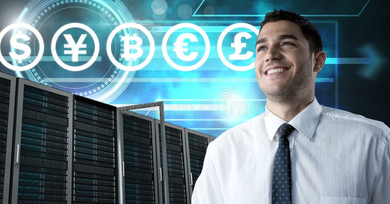 Man with Computer Servers and Bitcoin Technology Information Interface ...