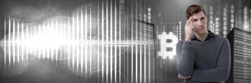 Man with Computer Servers and Bitcoin Technology Information Interface ...