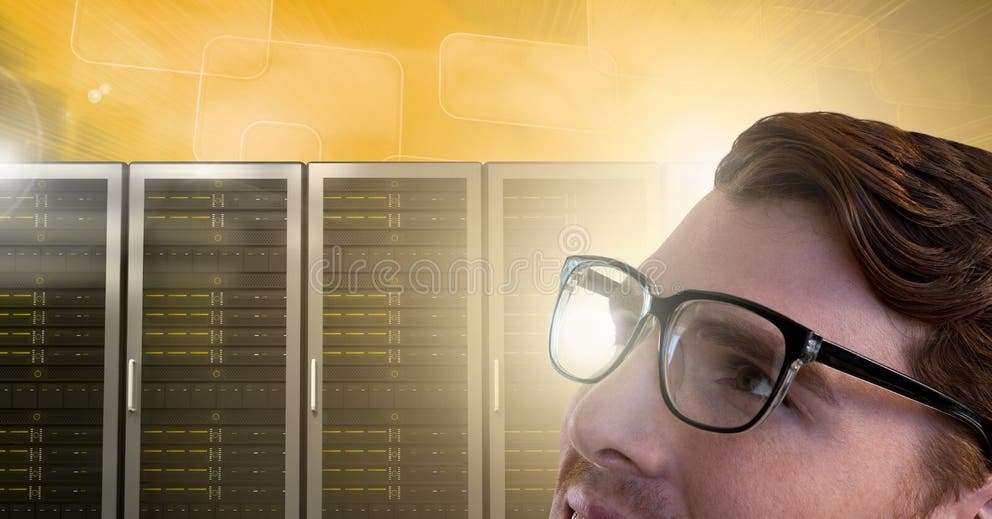 Man with Computer Servers and Glasses Stock Image - Image of light ...