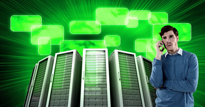 Man with Computer Servers and Technology Information Interface Stock ...