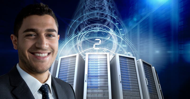 Man with Computer Servers and Technology Information Interface Stock ...