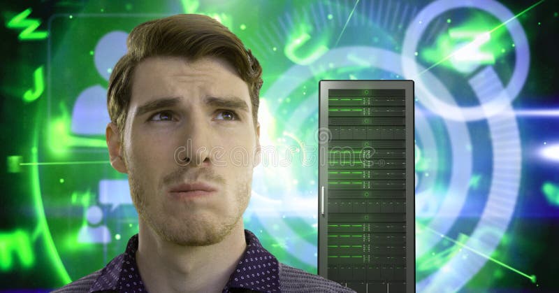 Man with Computer Servers and Technology Information Interface Stock ...