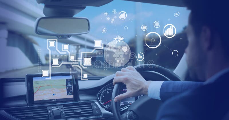 Man Driving in Car with Heads Up Display Interface Stock Image - Image ...