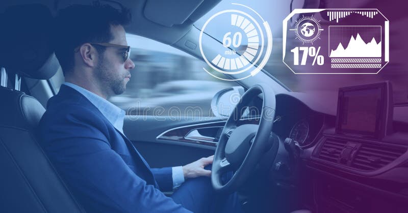 Man Driving in Car with Heads Up Display Interface Stock Image - Image ...