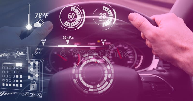 Man Driving in Car with Heads Up Display Interface Stock Image - Image ...